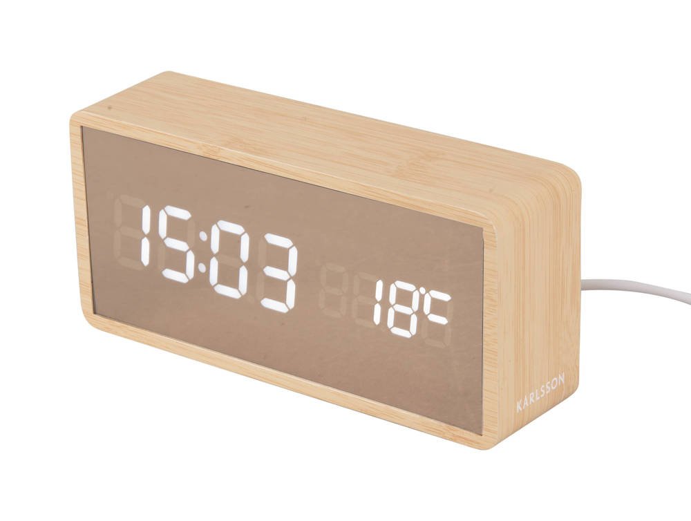 Karlsson Silver Mirror LED Wekker - Licht Houtfineer - HomeDesignShops.nl